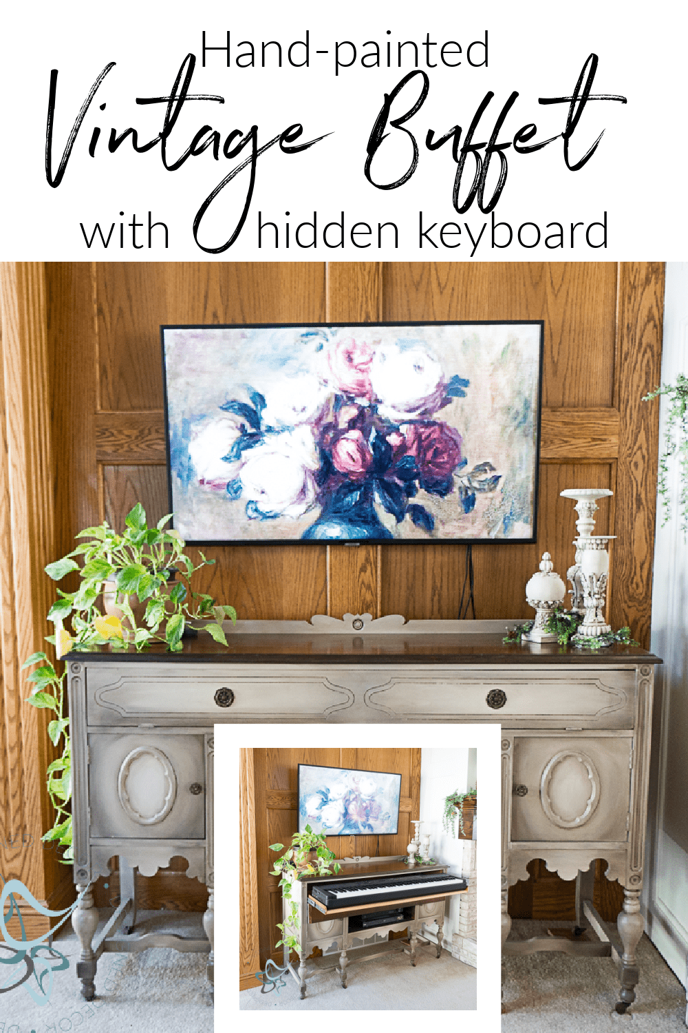 Beautiful vintage hand painted buffet with a hidden keyboard